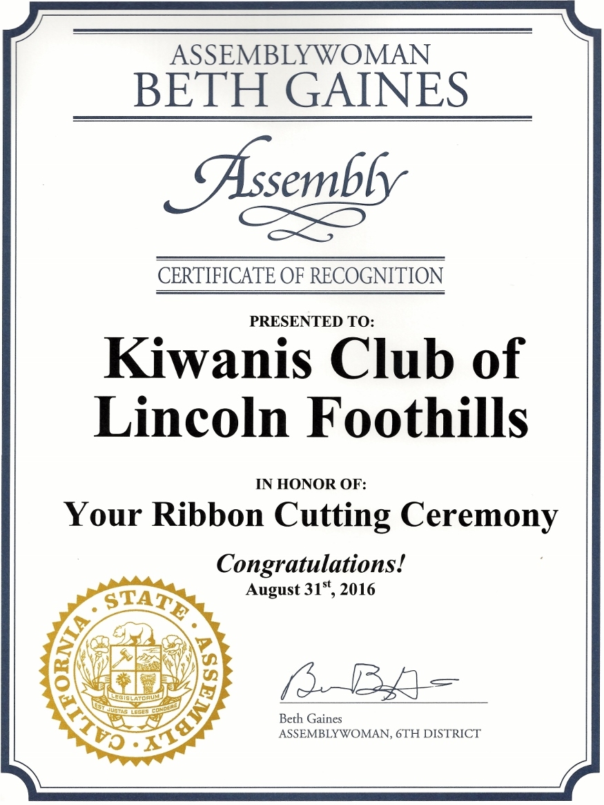 State Assembly Certificate of Recognition Award | Kiwanis Club of ...